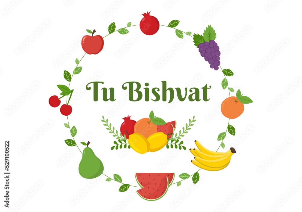 Tu BiShvat Template Hand Drawn Cartoon Flat Illustration Blooming tree ...
