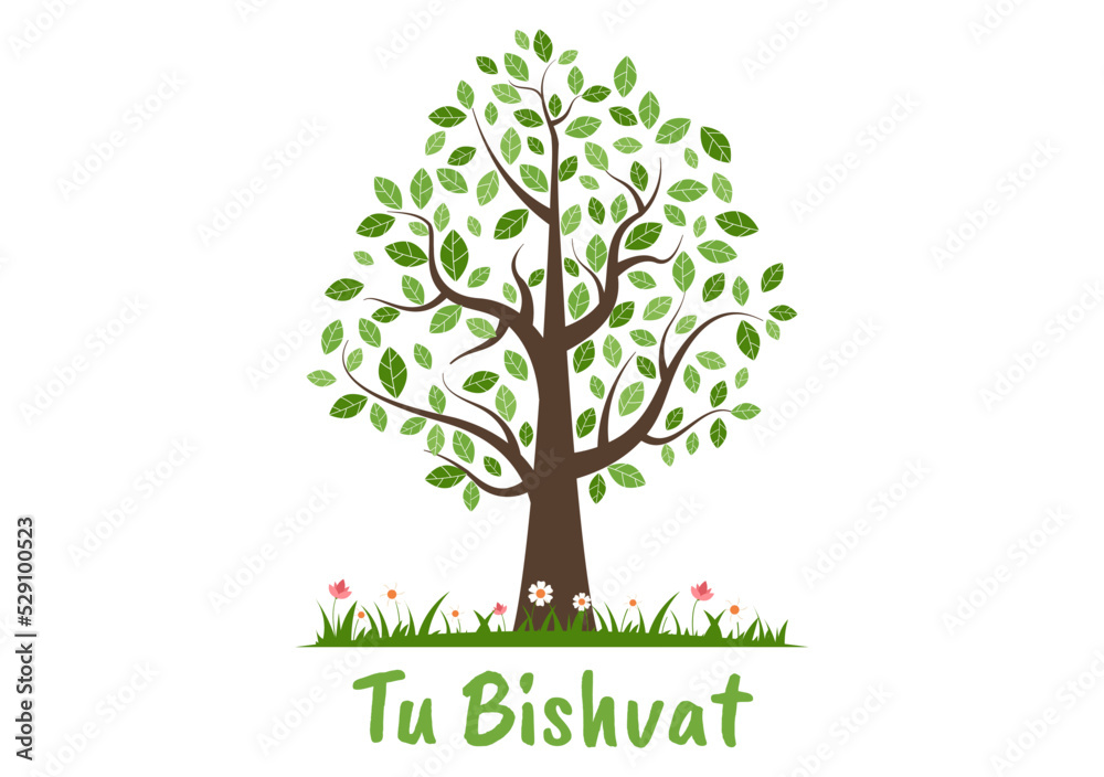 Tu BiShvat Template Hand Drawn Cartoon Flat Illustration Blooming tree ...