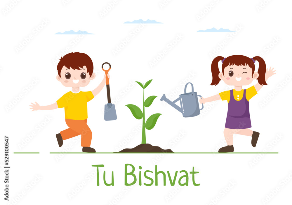 Tu BiShvat Template Hand Drawn Cartoon Flat Illustration Blooming tree ...