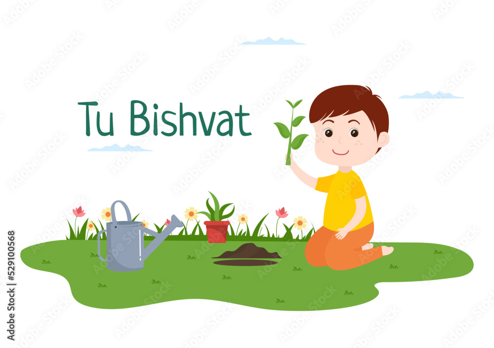 Tu BiShvat Template Hand Drawn Cartoon Flat Illustration Blooming tree ...
