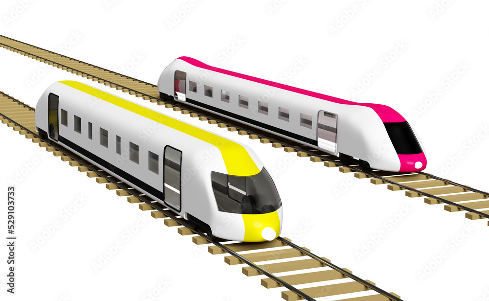 3d two bullet train cartoon with railroad tracks, sky train transport ...