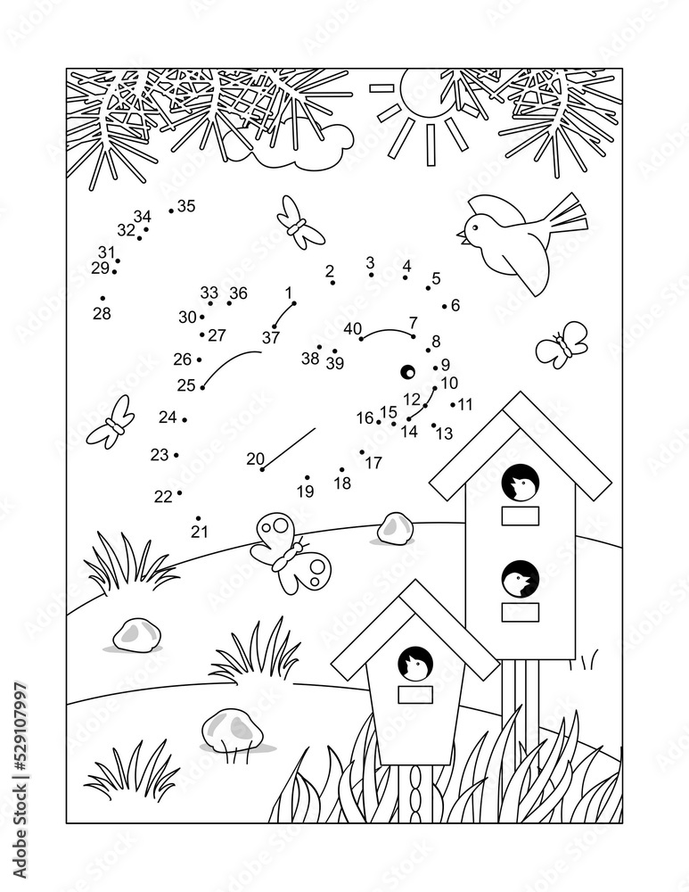 Bird dot-to-dot picture puzzle and coloring page with birdhouses and ...