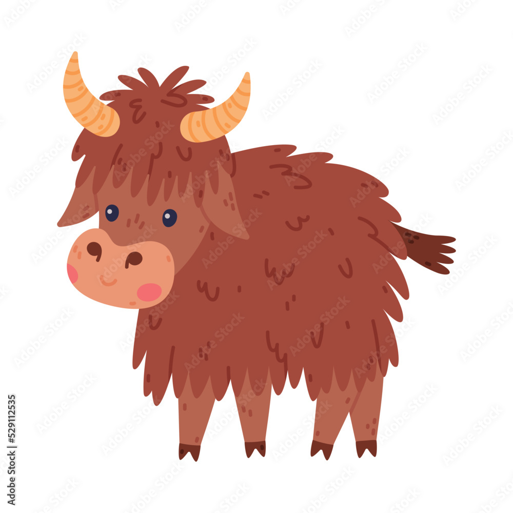 Cute Yak Character with Dense Fur and Horns in Standing Pose Vector ...