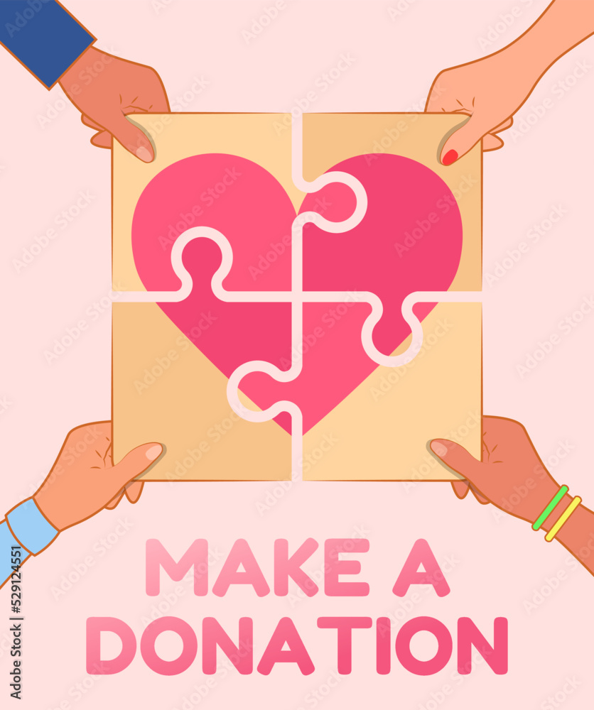 Make a donation. Group of people hands holding big heart puzzle symbol ...