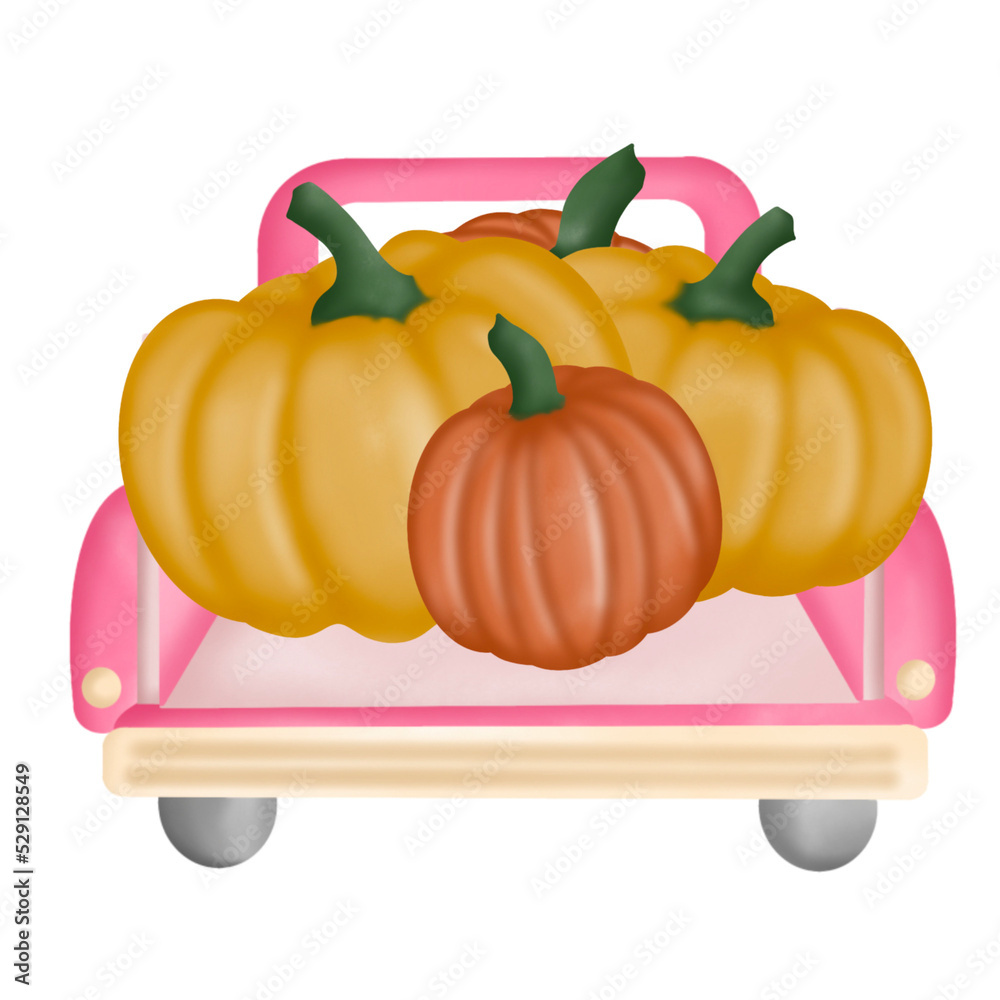Watercolor Pink Harvest Truck Back View with bunch of Pumpkins ...