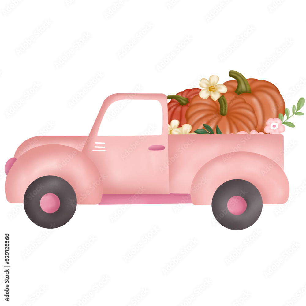 Watercolor Pink Pastel Harvest Truck with Pumpkins and Flowers ...