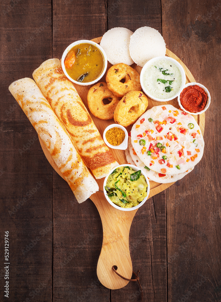Delicious south indian breakfast cuisine idly dosa vada oothappam with ...