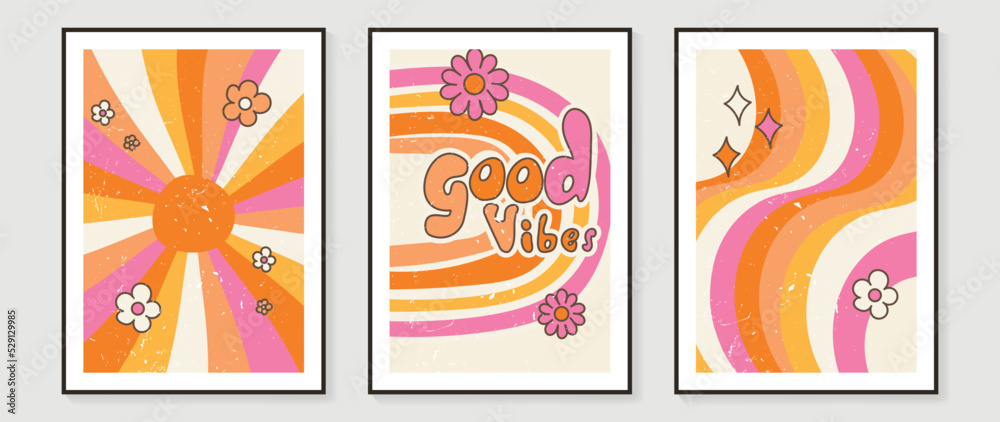 Collection of 70s wall art background vector. Set of retro wall ...