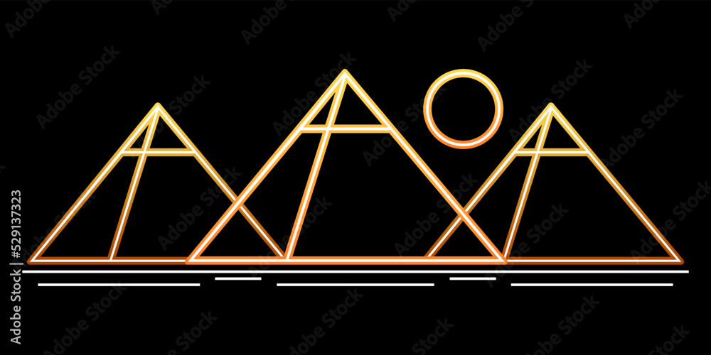 Golden yellow three pyramids egypt with sun neon light glowing outline ...