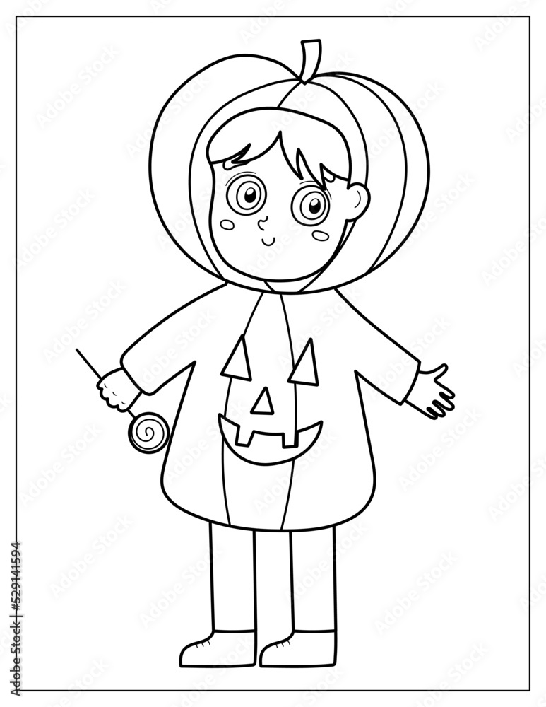 Halloween coloring page with a kid in a pumpkin costume. Spooky print ...