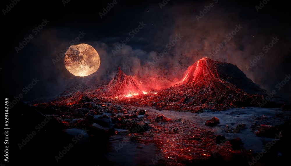 Volcano with red glowing magma in a crater under a starry sky with a ...
