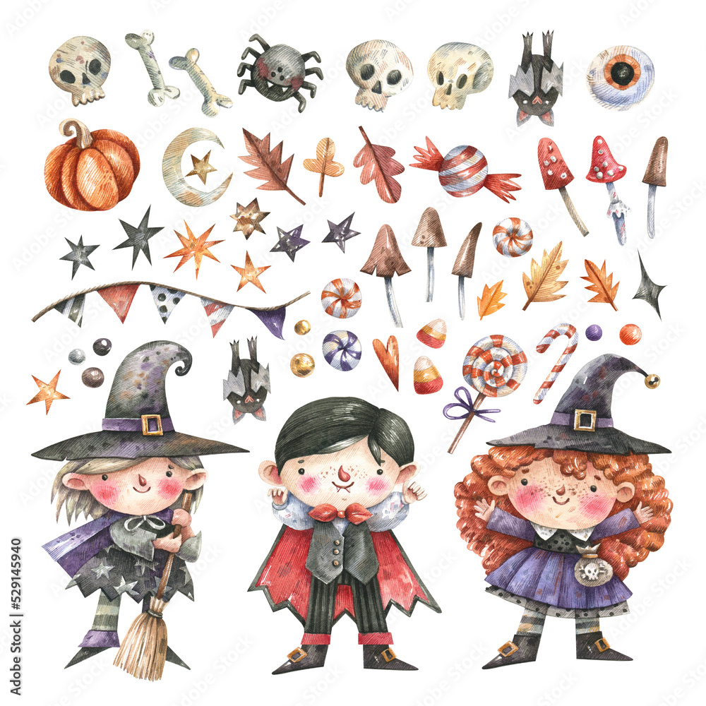 Collection of halloween characters and elements in cartoon style ...