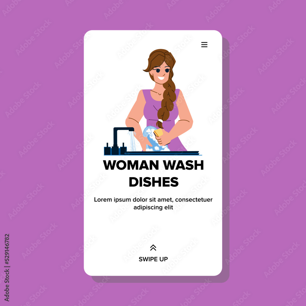 woman wash dishes vector. kitchen sink, house home, young water soap ...