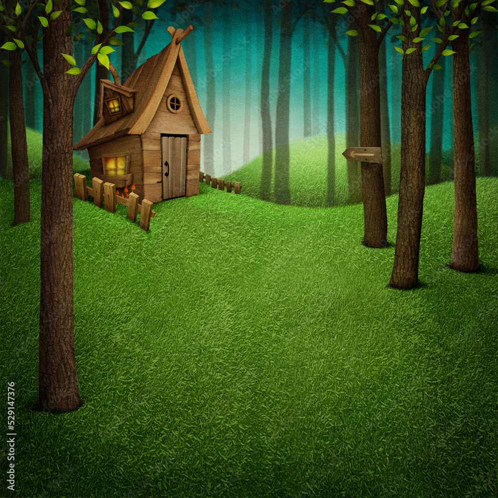 Fantasy, fairy tale background with dark forest and hut in the forest ...