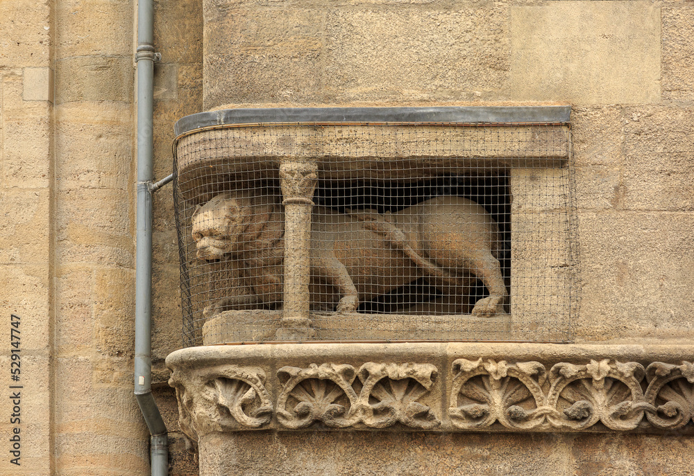 Decorative detail of the exterior of Gothic architecture. Lion ...