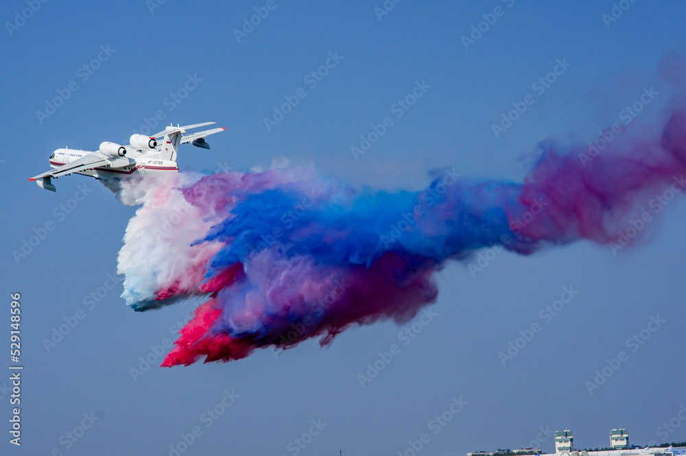 Russian amphibious aircraft (flying boat) Be-200 "Altair" demonstrates ...