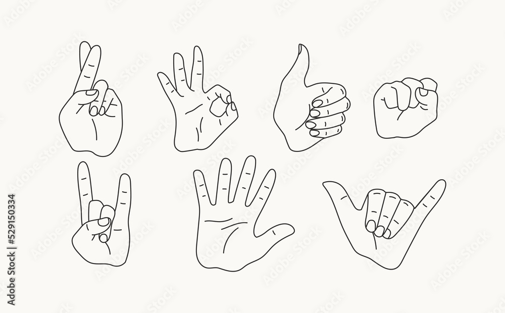 Various hand gestures. Vector hand drawn linear illustration. All ...