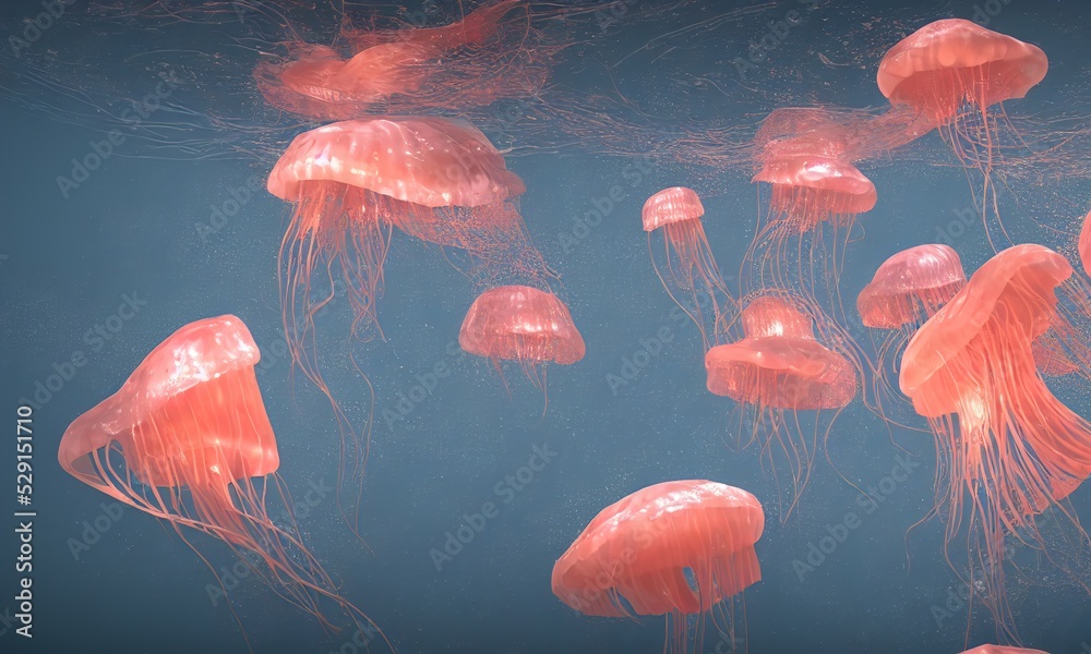 Glowing jellyfish swim deep in blue sea. Medusa neon jellyfish fantasy ...