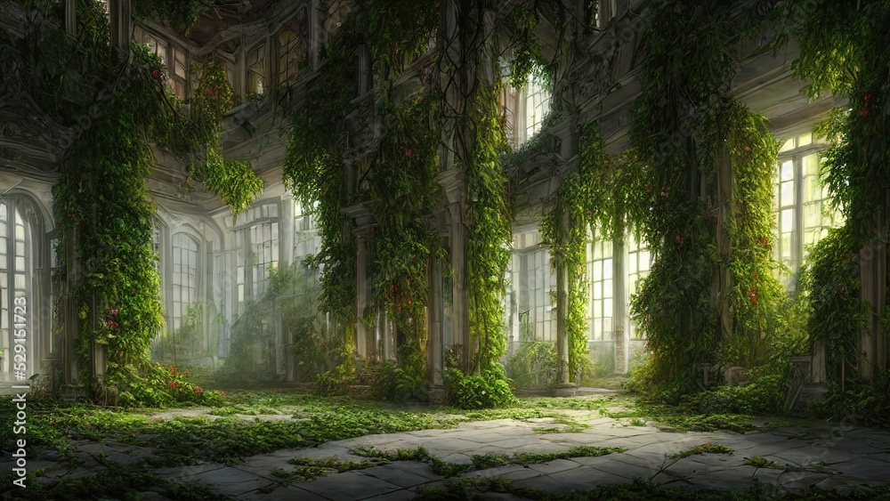 Abandoned palace castle overgrown with vegetation, ivy and vines. Empty ...