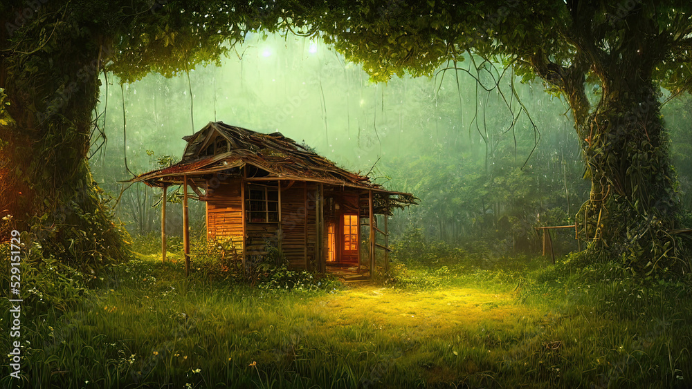 Abandoned old house hut shack overgrown with vegetation, ivy and vines ...