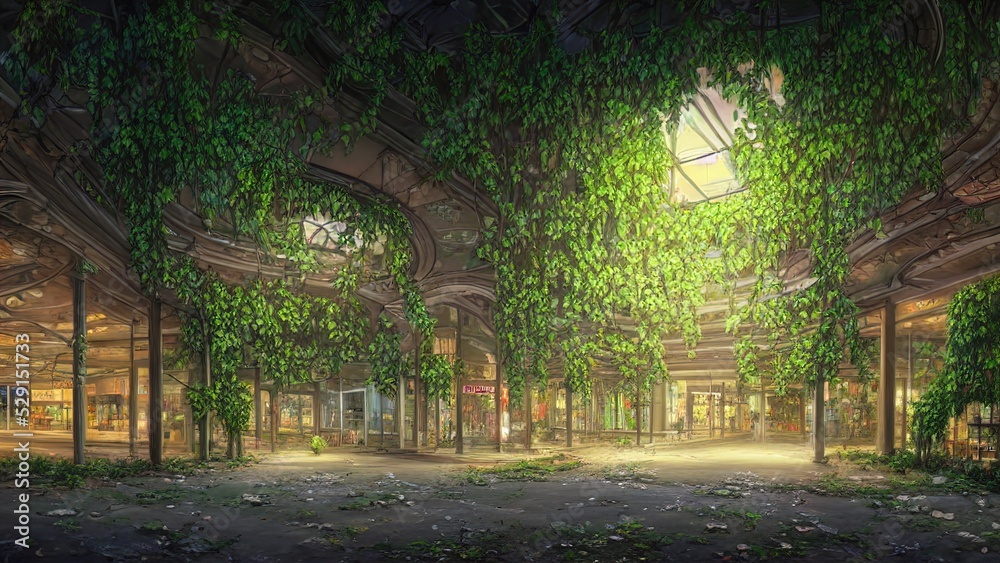 Fototapeta 3D z efektem głębi Abandoned shopping mall overgrown with ... Fototapeta 3D z efektem głębi Abandoned shopping mall overgrown with ...