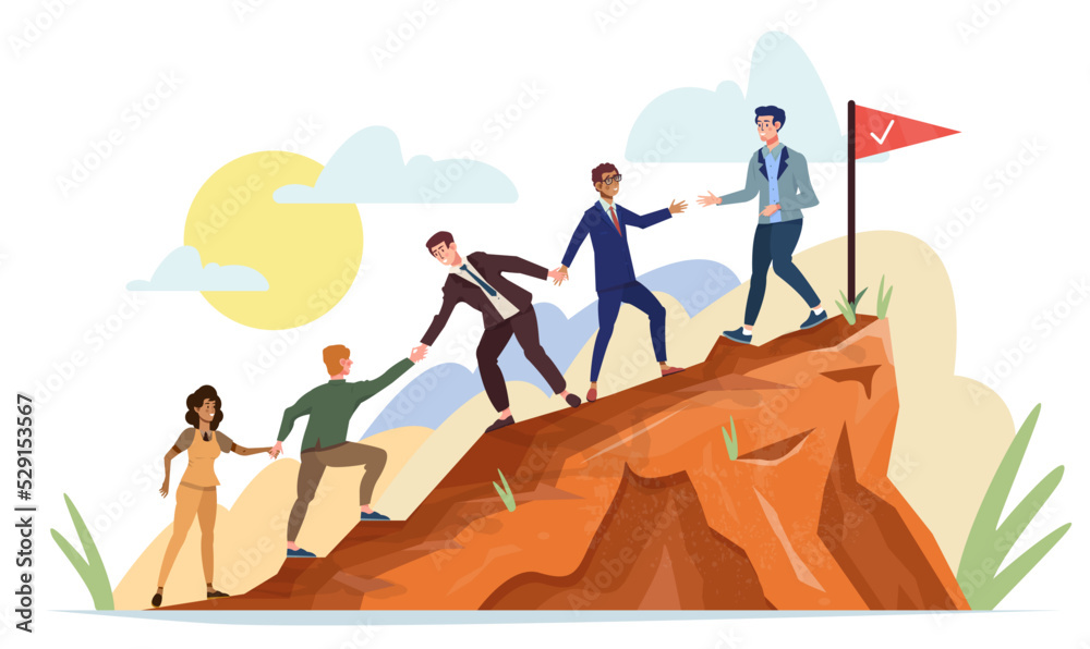 Teamwork concept. Group of people climbing a mountain. Company ...
