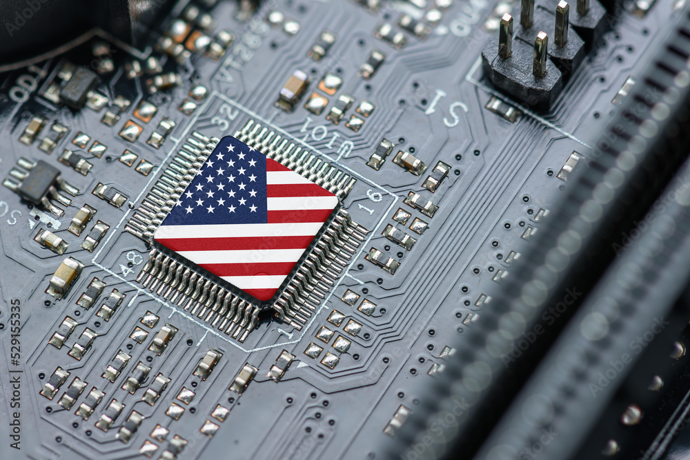 Flag of USA on a processor, CPU Central processing Unit or GPU ...