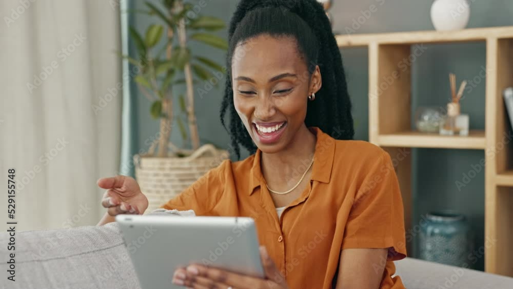 Video call, hello and tablet with black woman talking online ...