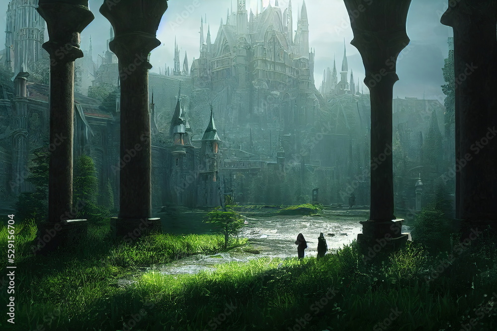 Majestic fantasy gothic castle in the river valley. Fantasy Backdrop ...