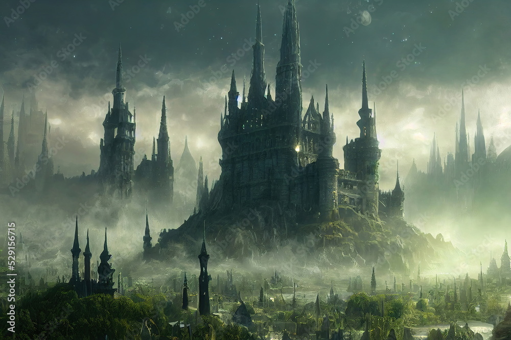 Majestic fantasy gothic castle in the river valley. Fantasy Backdrop ...