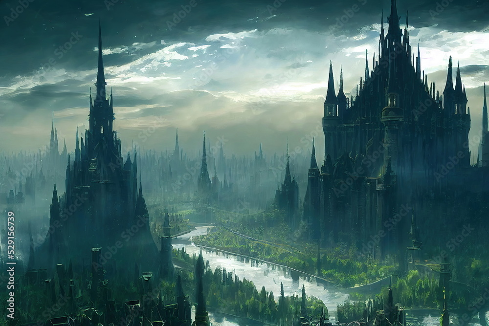Majestic fantasy gothic castle in the river valley. Fantasy Backdrop ...