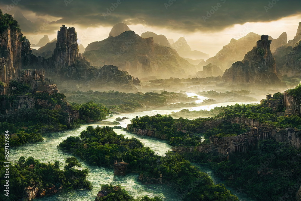 Sunrise over the river valley. Fantasy Backdrop. Concept Art. Realistic ...