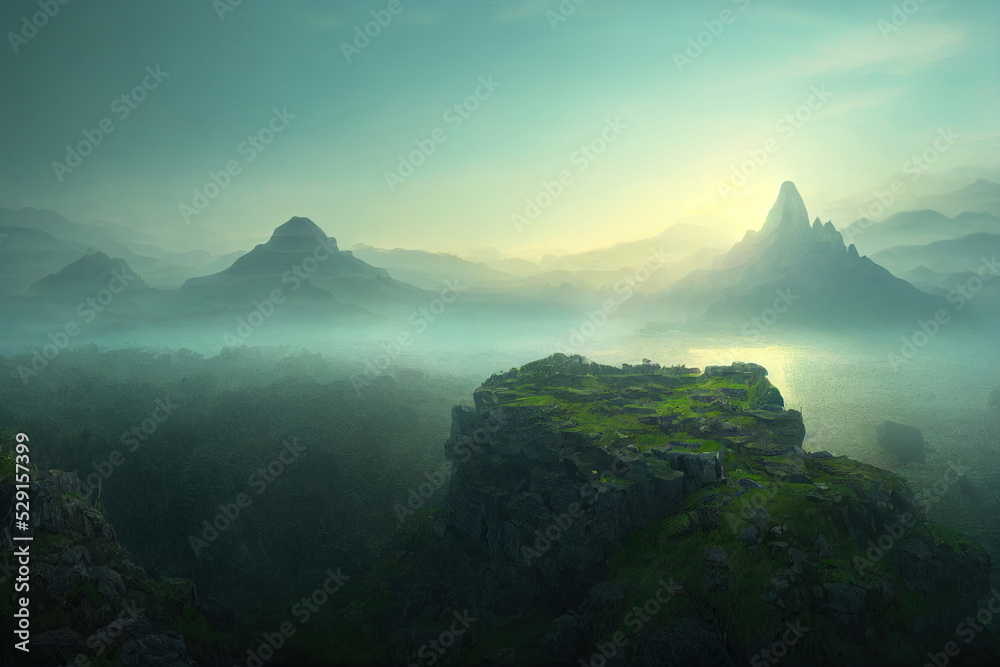 Sunrise over the misty mountains. Fantasy Backdrop. Concept Art ...