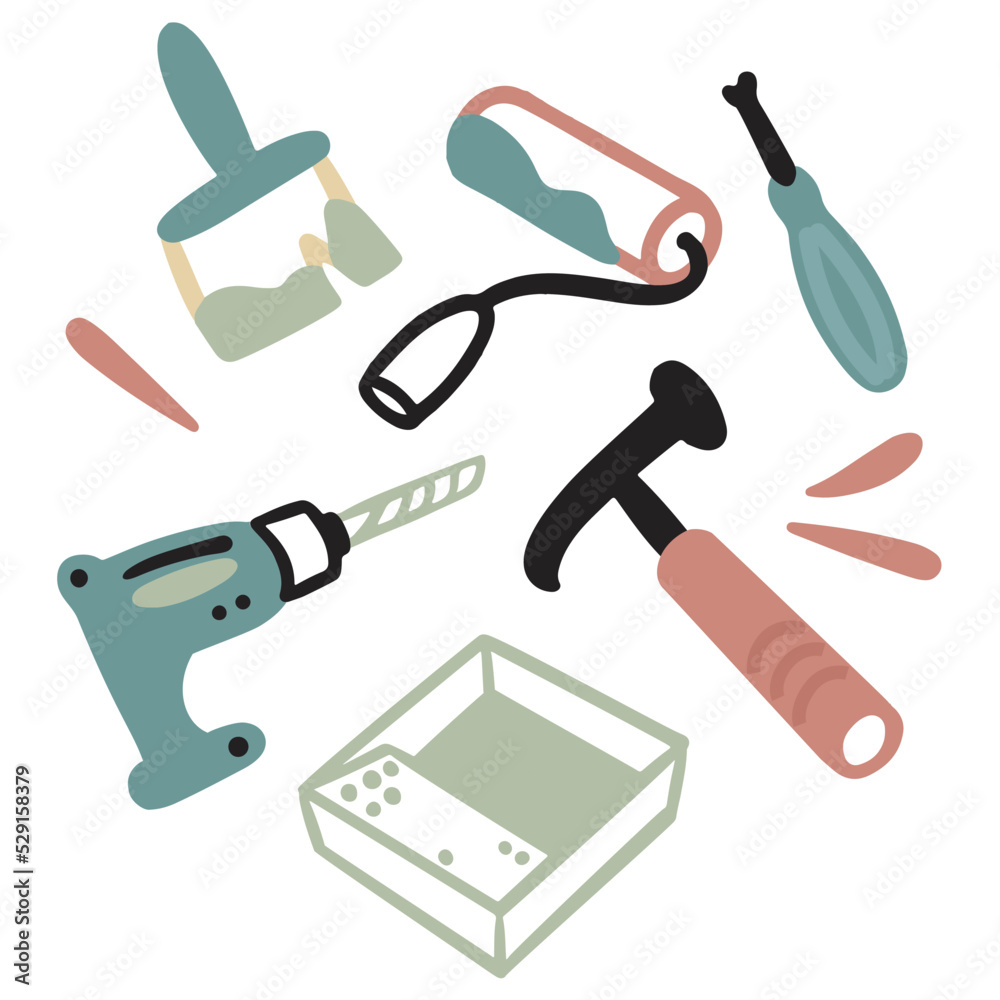 Tool kit, set of brush, paint roller, screwdriver, tray, drill, hammer ...