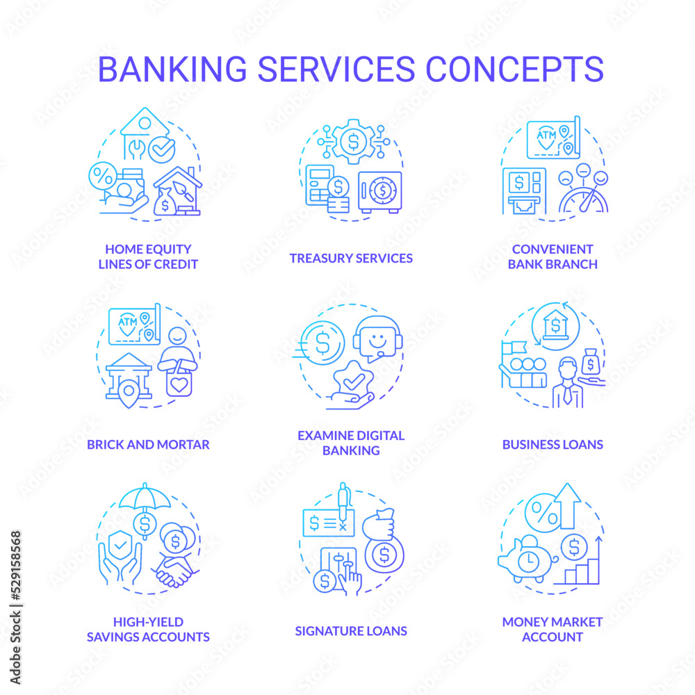 Banking services blue gradient concept icons set. Financial operations ...