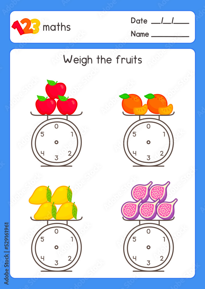 Weigh the fruit and write it on the scale in maths subject exercises ...