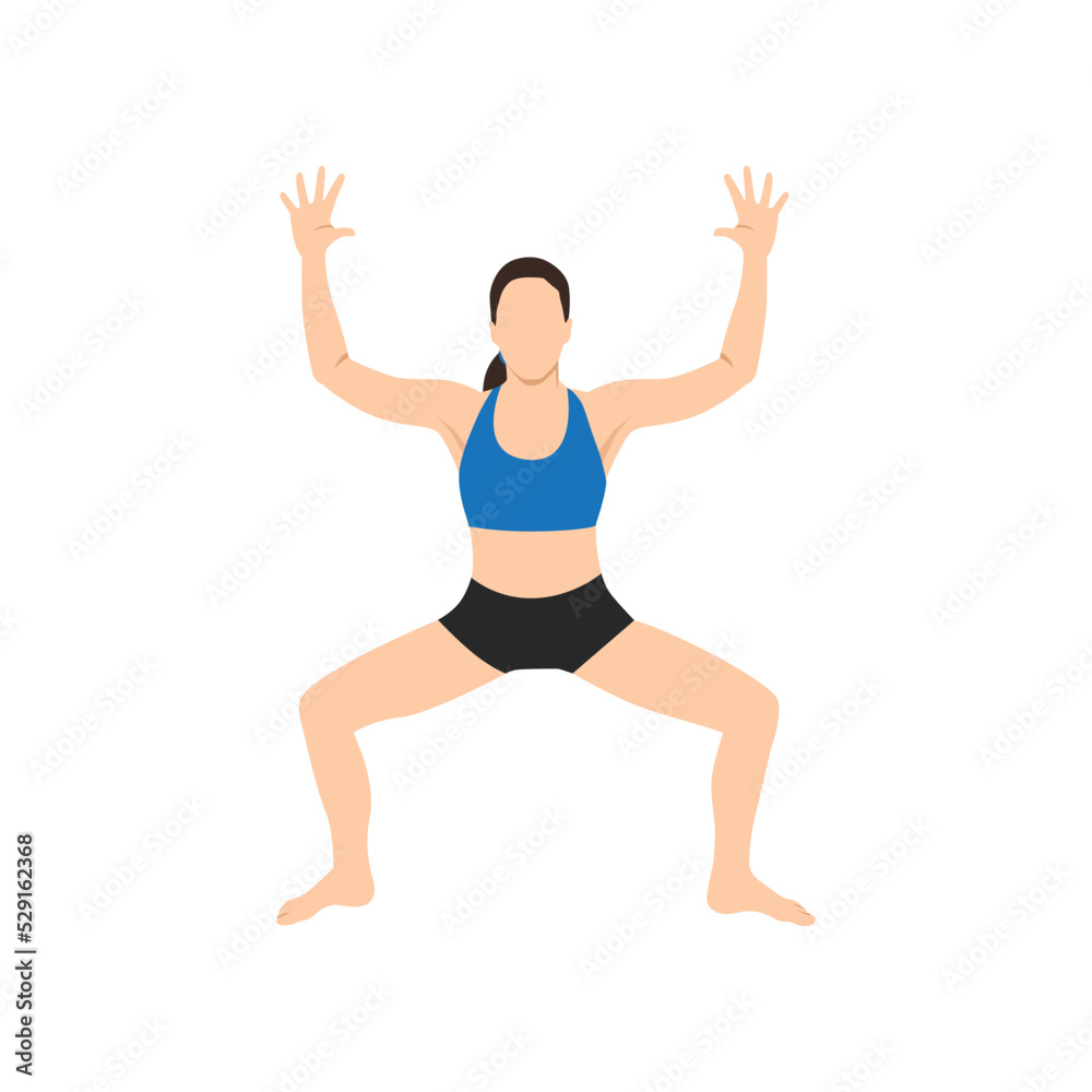 Woman doing Goddess Pose, Fierce Angle Pose, Victory Squat Pose, Practice Utkata Konasana. Flat ...