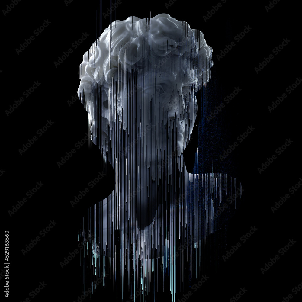 Pixel sorting glitch art from 3D rendering in the style of corrupted graphics of classical head ...