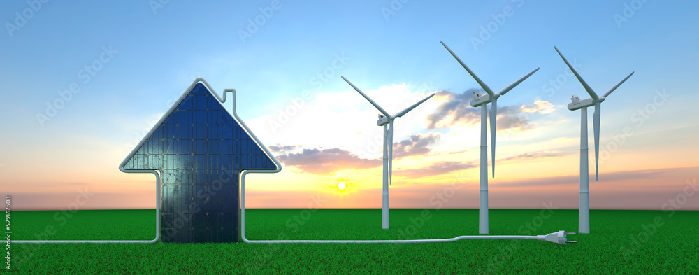 wind power turbine and solar energy in open landscape - 3D Illustration ...