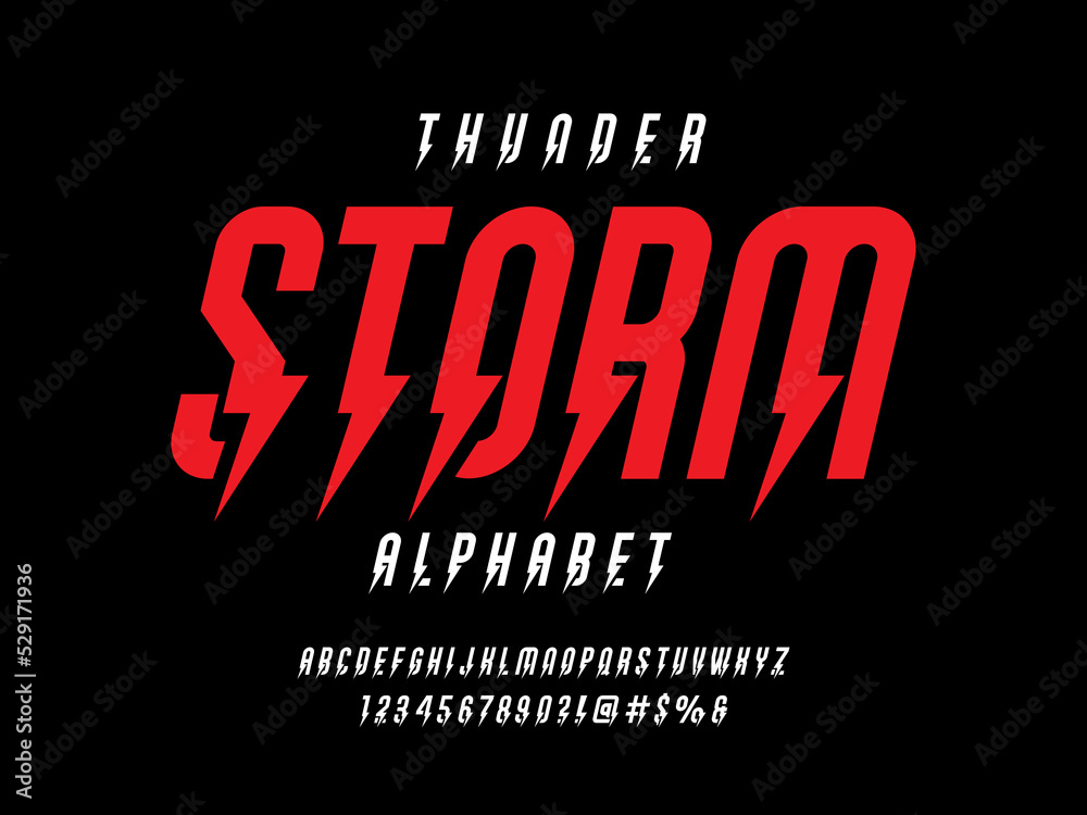 thunder bolt style alphabet design with uppercase, numbers and symbol ...