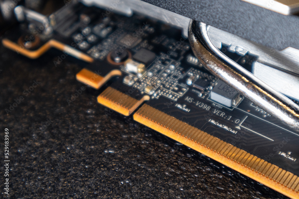 Gpu graphics or video card electrical contacts on a chip close-up on ...