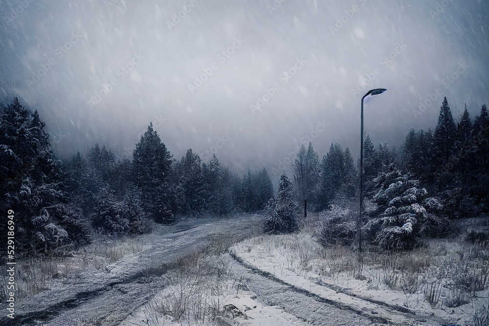 snowy winter landscape in the forest, snow road background, digital ...