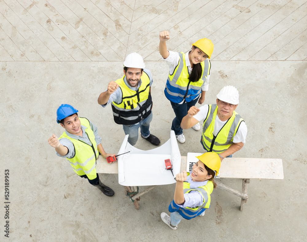 Engineer man and architect teamwork wear safety helmet meeting at ...