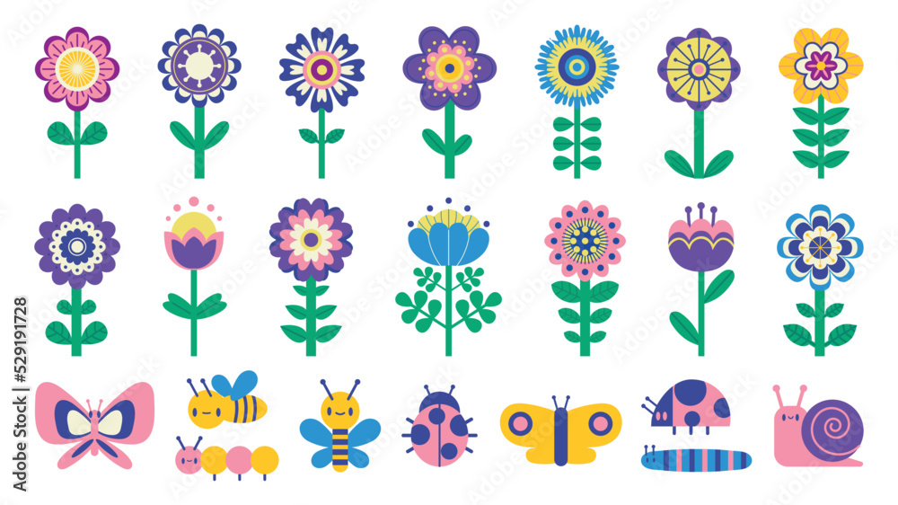 Kids flowers and butterflies. Cute cartoon simple flowers and bugs ...