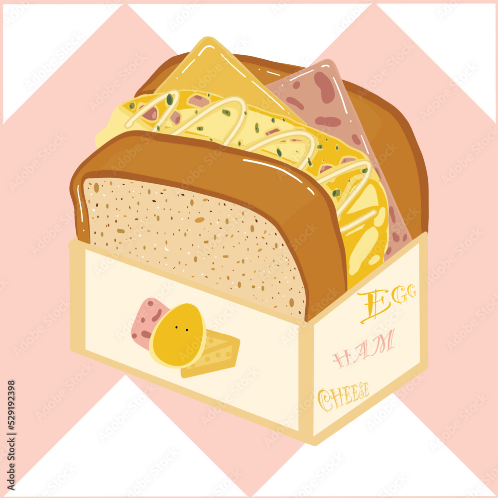 Korean sandwich or egg drop with toasted bread, scrambled egg, ham ...