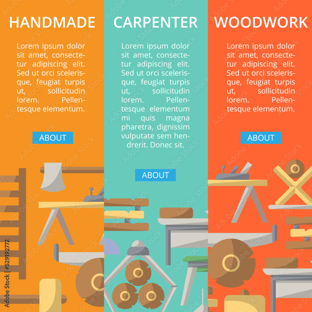Carpenter woodwork posters in flat style. Lumber product and equipment ...