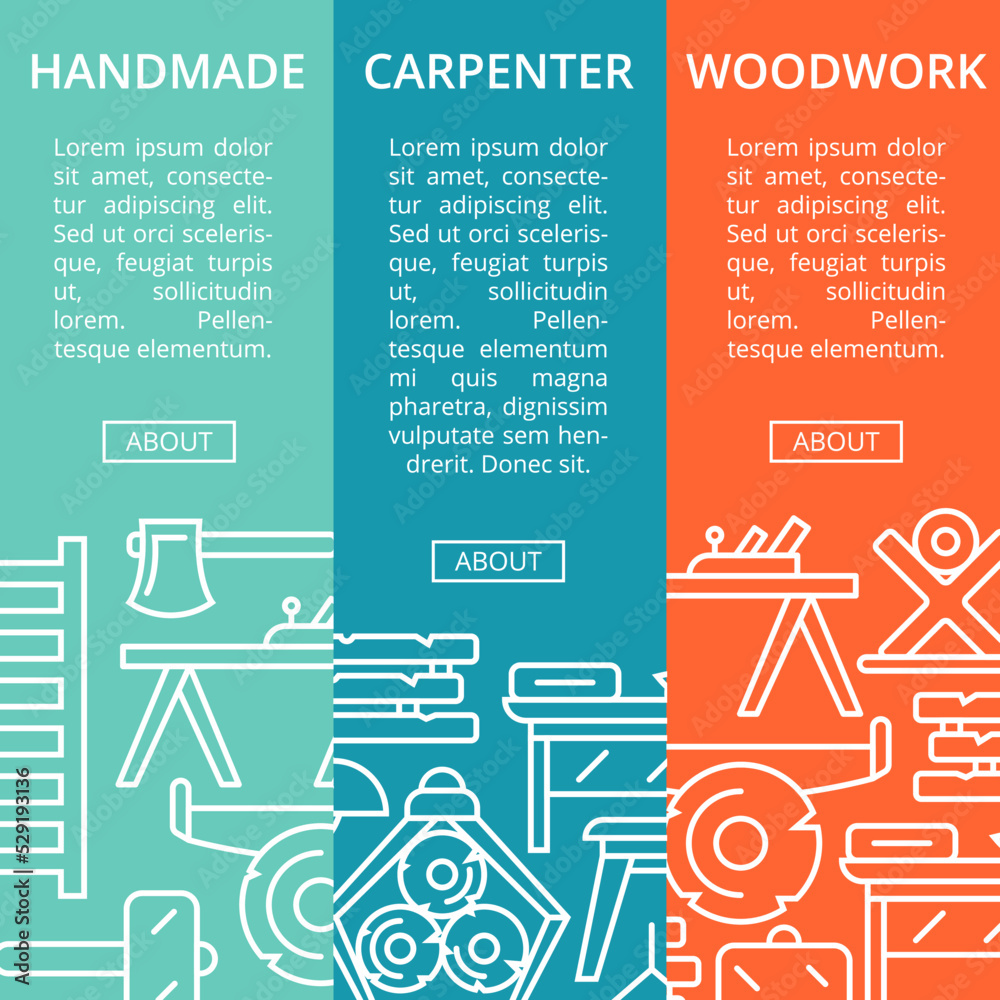 Carpenter woodwork posters in linear style. Lumber product and ...