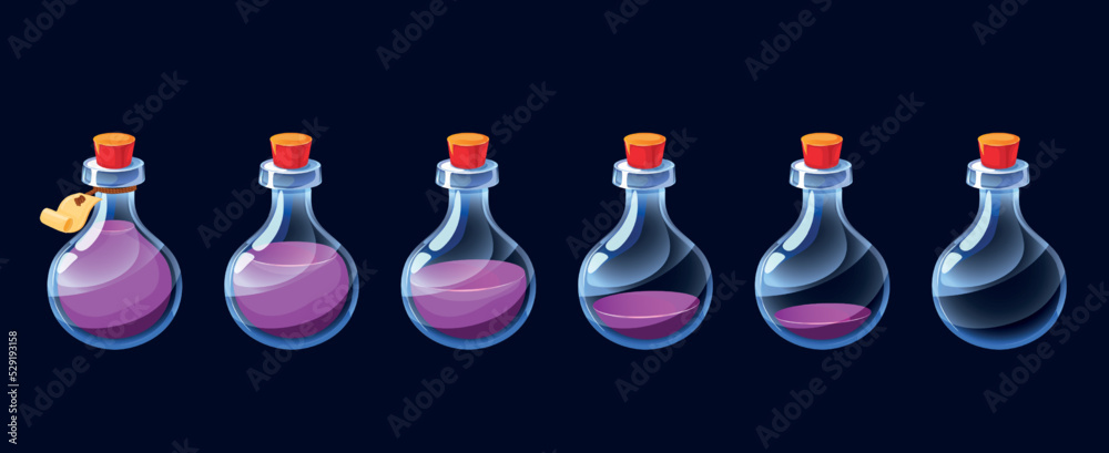 Empty potion flask. Cartoon game elixir usage sequence icon asset ...