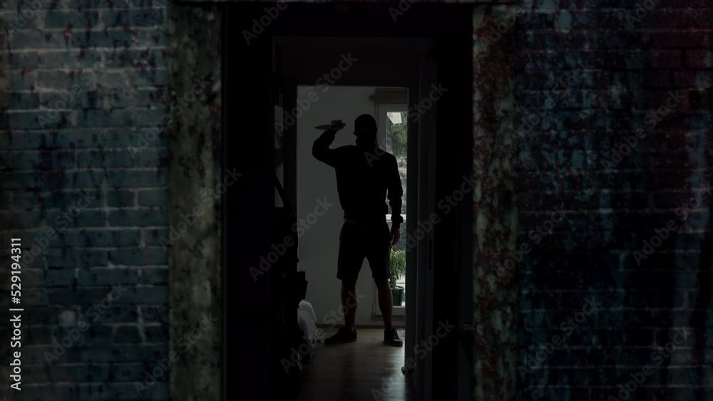 Psycho Attack Bloody House Zoom In Scary Scene. Hooded figure armed ...