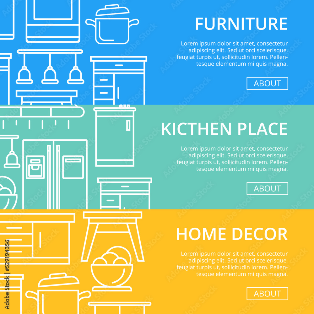 Kitchen place linear poster set. Home interior design, modern apartment ...
